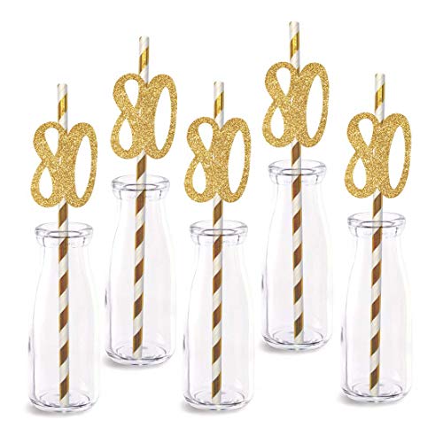 80th Birthday Paper Straw Decor, 24-Pack Real Gold Glitter Cut-Out Numbers Happy 80 Years Party Decorative Straws