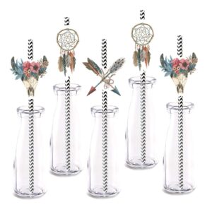 boho tribal party straw decor, 24-pack wild girl boy birthday baby shower birthday party decorations, paper decorative straws