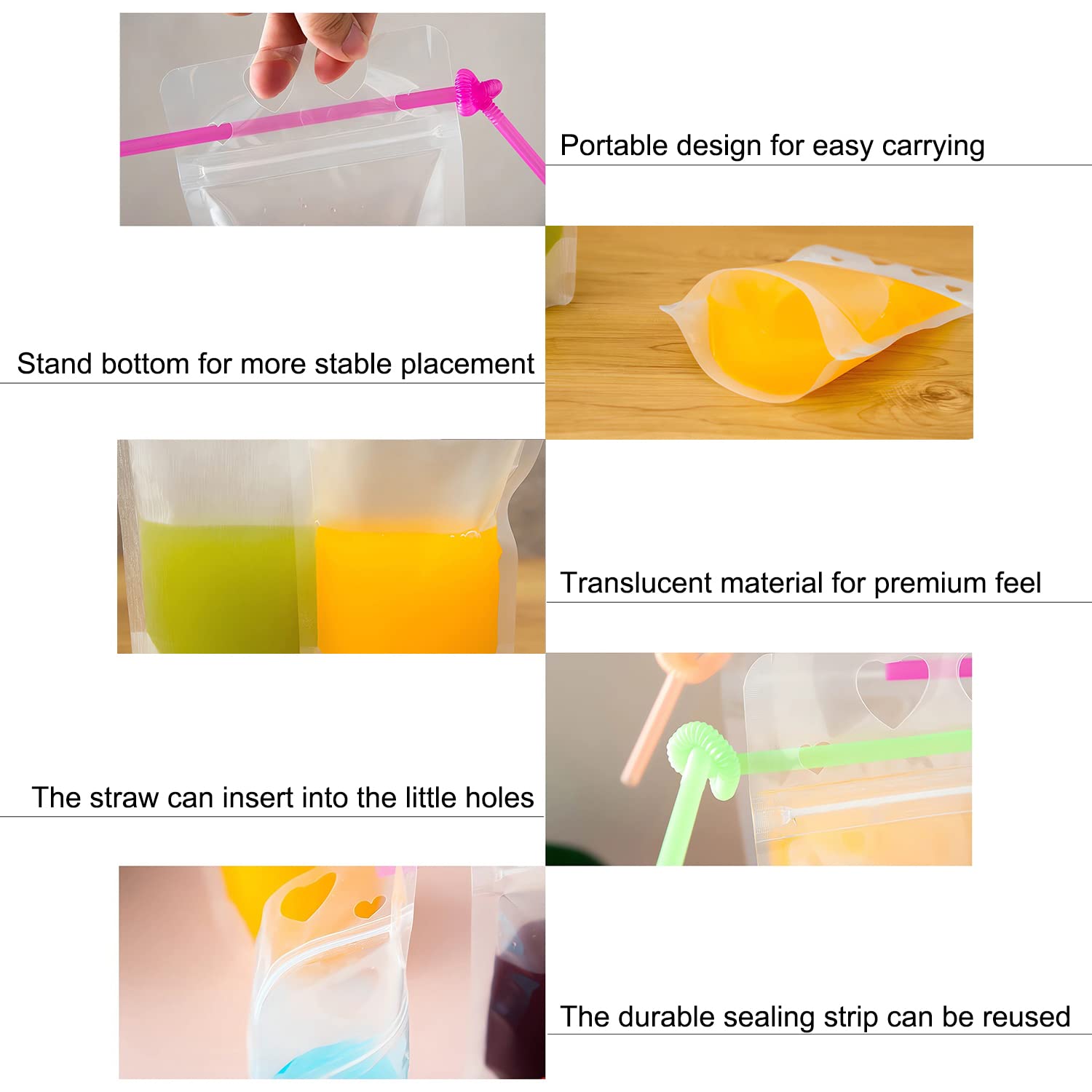 100 Pcs Drink Pouches with 100 Straws, Juice Pouches Translucent Reclosable Zipper Plastic Pouches Smoothie Drink Bags for Adults and Kids,17oz(500ML)