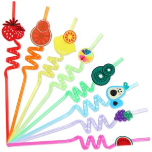 whaline 24pcs fruit theme plastic straws colorful hawaii beach straws reusable shape drinking straws for juices shakes summer baby shower pool beach cocktail party supplies with 2 cleaning brush