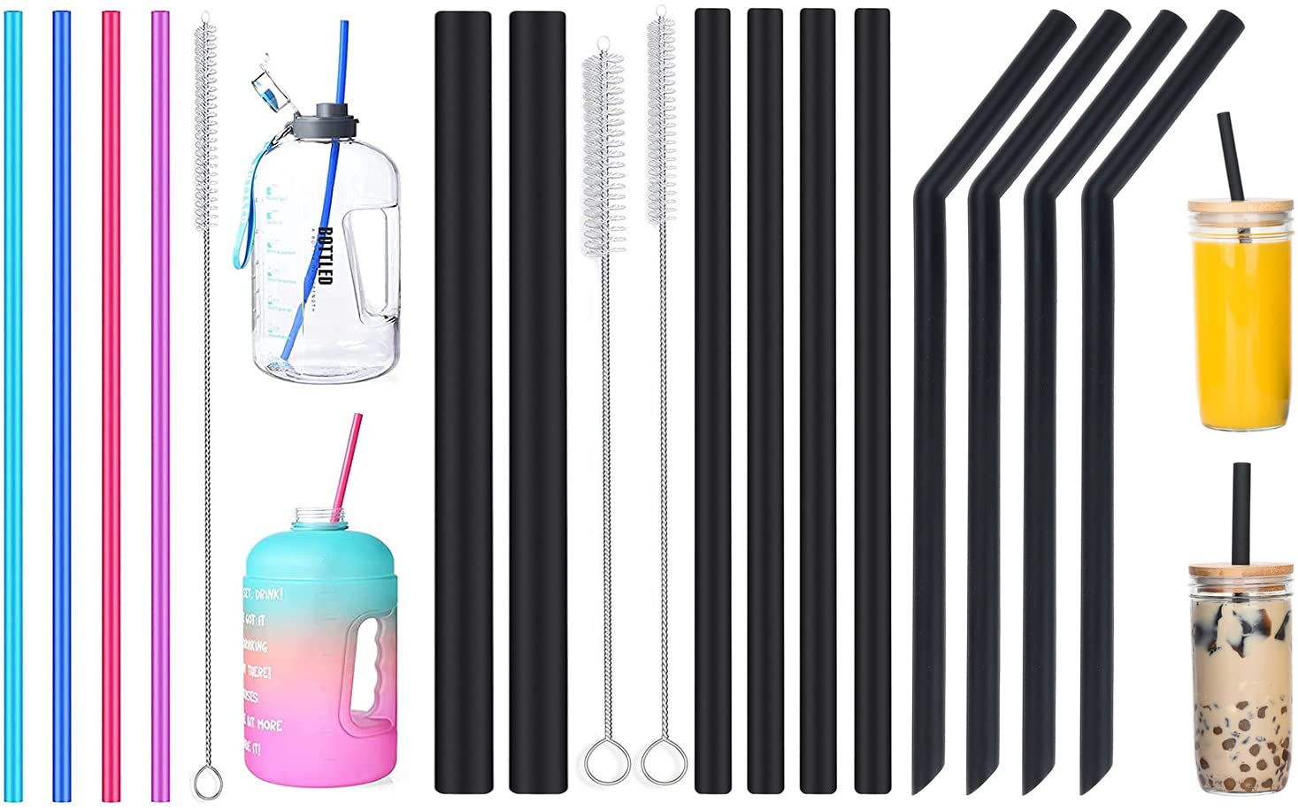 ALINK 15 inch Extra Long Silicone Straws + 2 Black Silicone Boba Straws 8 Smoothie Straws