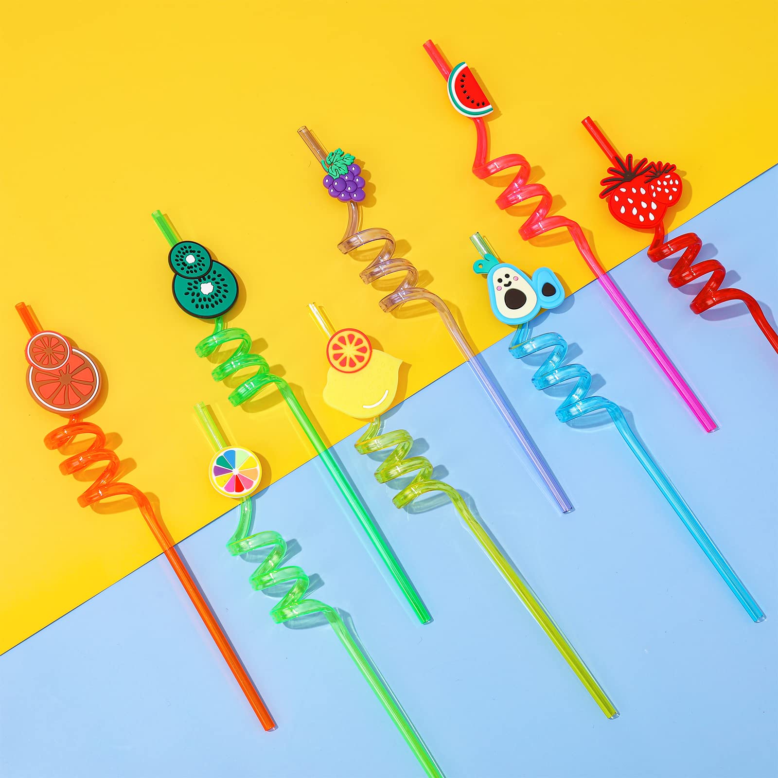 Whaline 24Pcs Fruit Theme Plastic Straws Colorful Hawaii Beach Straws Reusable Shape Drinking Straws for Juices Shakes Summer Baby Shower Pool Beach Cocktail Party Supplies with 2 Cleaning Brush