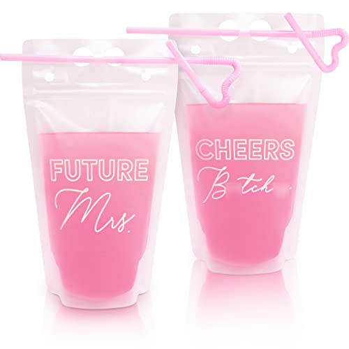 Effortless Events Bachelorette Drink Pouches,16 Count, 15 Oz Drink Pouches with Straws, Rose Gold, Future Mrs & Cheers, Pouches for Drinks with Straws Bachelorette Party Cups