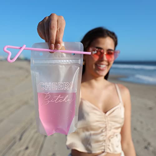 Effortless Events Bachelorette Drink Pouches,16 Count, 15 Oz Drink Pouches with Straws, Rose Gold, Future Mrs & Cheers, Pouches for Drinks with Straws Bachelorette Party Cups