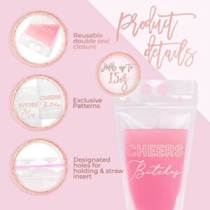 Effortless Events Bachelorette Drink Pouches,16 Count, 15 Oz Drink Pouches with Straws, Rose Gold, Future Mrs & Cheers, Pouches for Drinks with Straws Bachelorette Party Cups