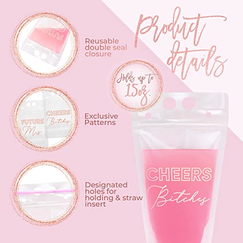 Effortless Events Bachelorette Drink Pouches,16 Count, 15 Oz Drink Pouches with Straws, Rose Gold, Future Mrs & Cheers, Pouches for Drinks with Straws Bachelorette Party Cups