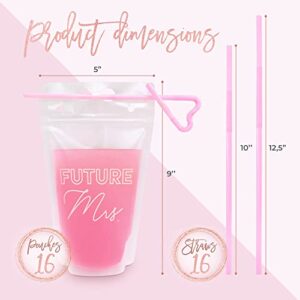 Effortless Events Bachelorette Drink Pouches,16 Count, 15 Oz Drink Pouches with Straws, Rose Gold, Future Mrs & Cheers, Pouches for Drinks with Straws Bachelorette Party Cups