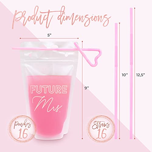 Effortless Events Bachelorette Drink Pouches,16 Count, 15 Oz Drink Pouches with Straws, Rose Gold, Future Mrs & Cheers, Pouches for Drinks with Straws Bachelorette Party Cups