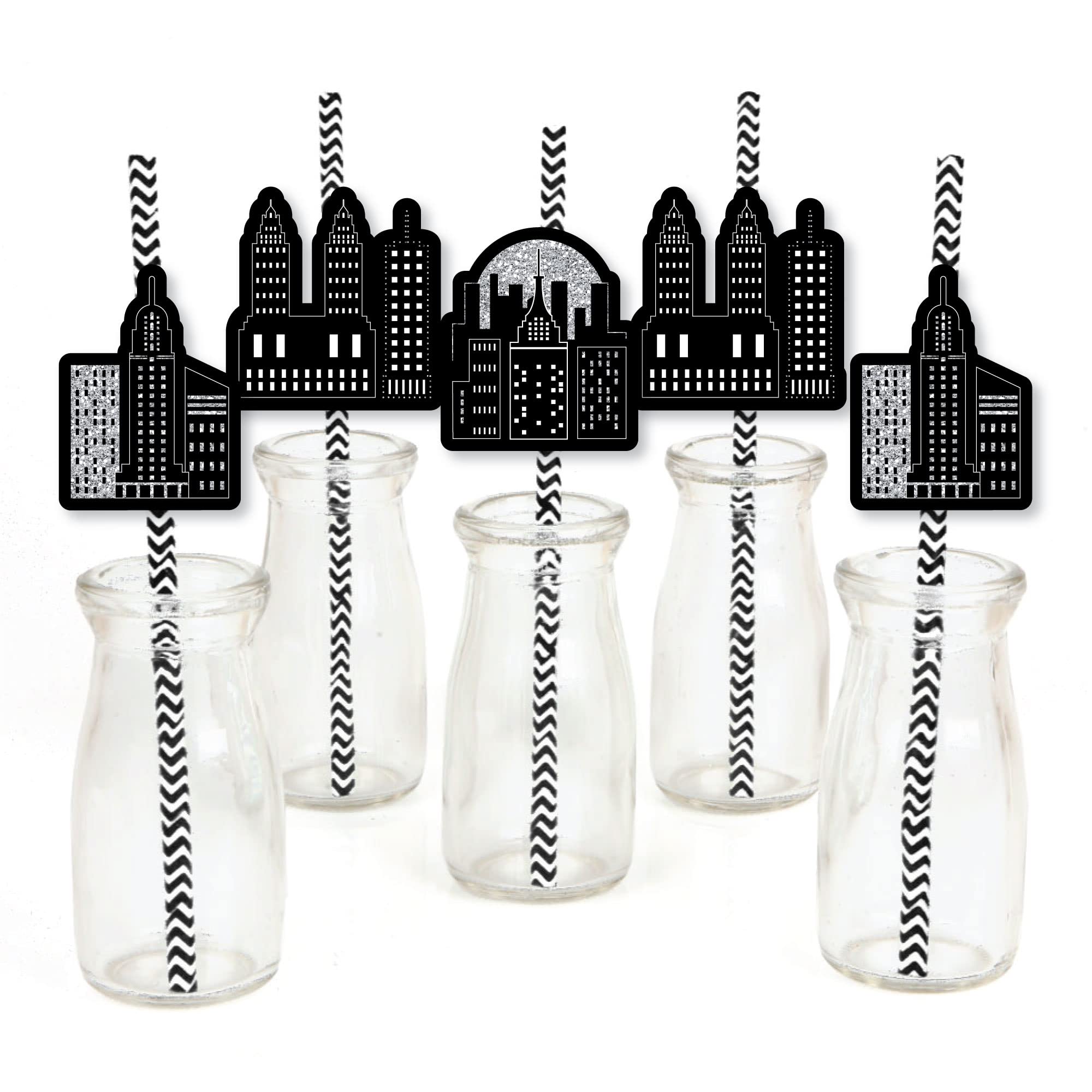 Big Dot of Happiness Nighttime City Skyline - Paper Straw Decor - New York Party Striped Decorative Straws - Set of 24