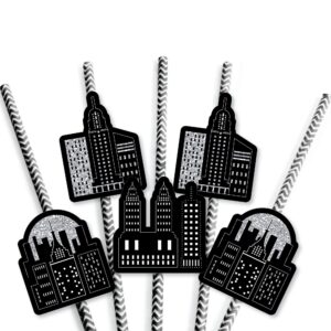 Big Dot of Happiness Nighttime City Skyline - Paper Straw Decor - New York Party Striped Decorative Straws - Set of 24