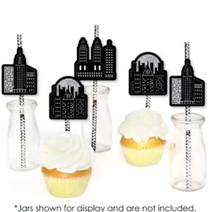 Big Dot of Happiness Nighttime City Skyline - Paper Straw Decor - New York Party Striped Decorative Straws - Set of 24