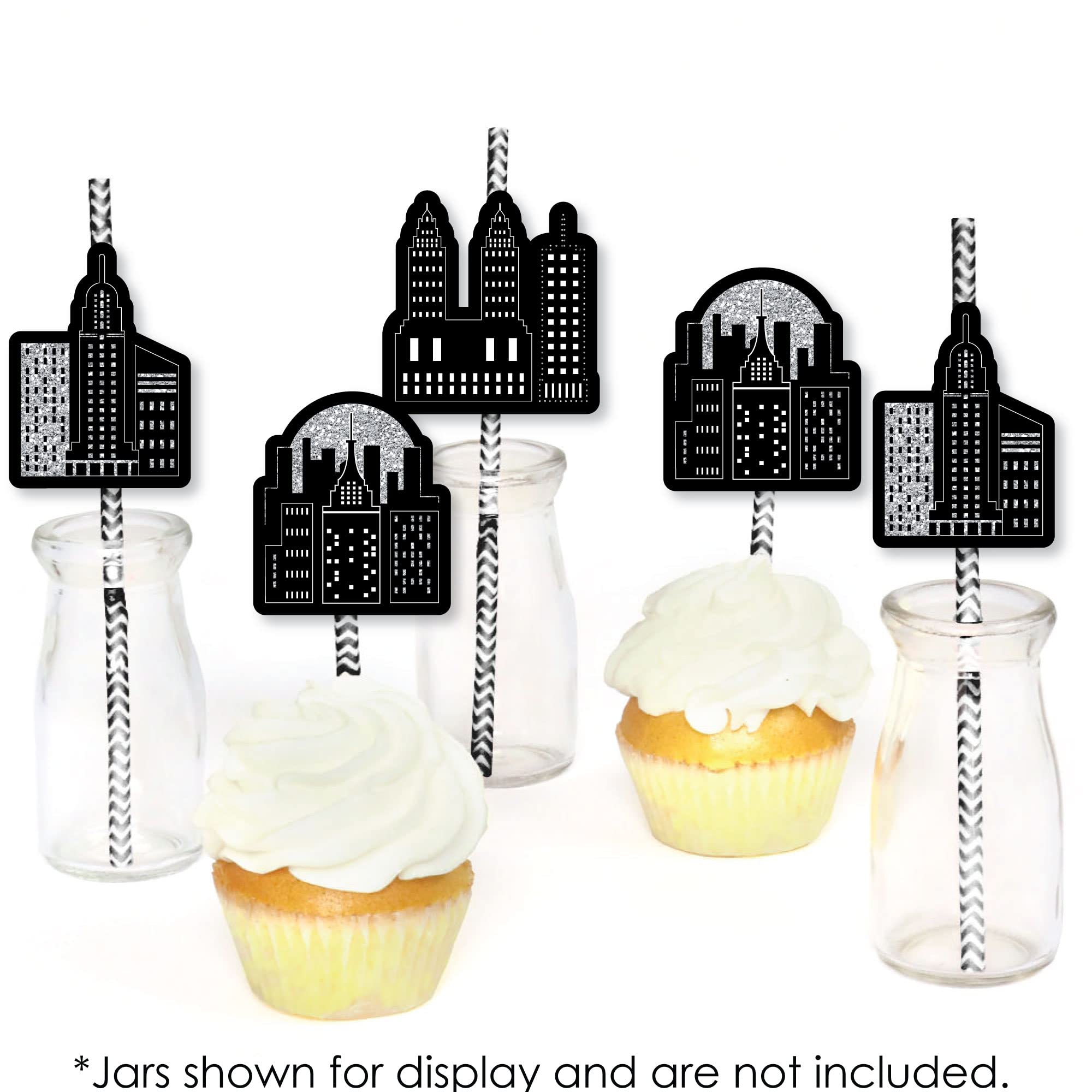 Big Dot of Happiness Nighttime City Skyline - Paper Straw Decor - New York Party Striped Decorative Straws - Set of 24