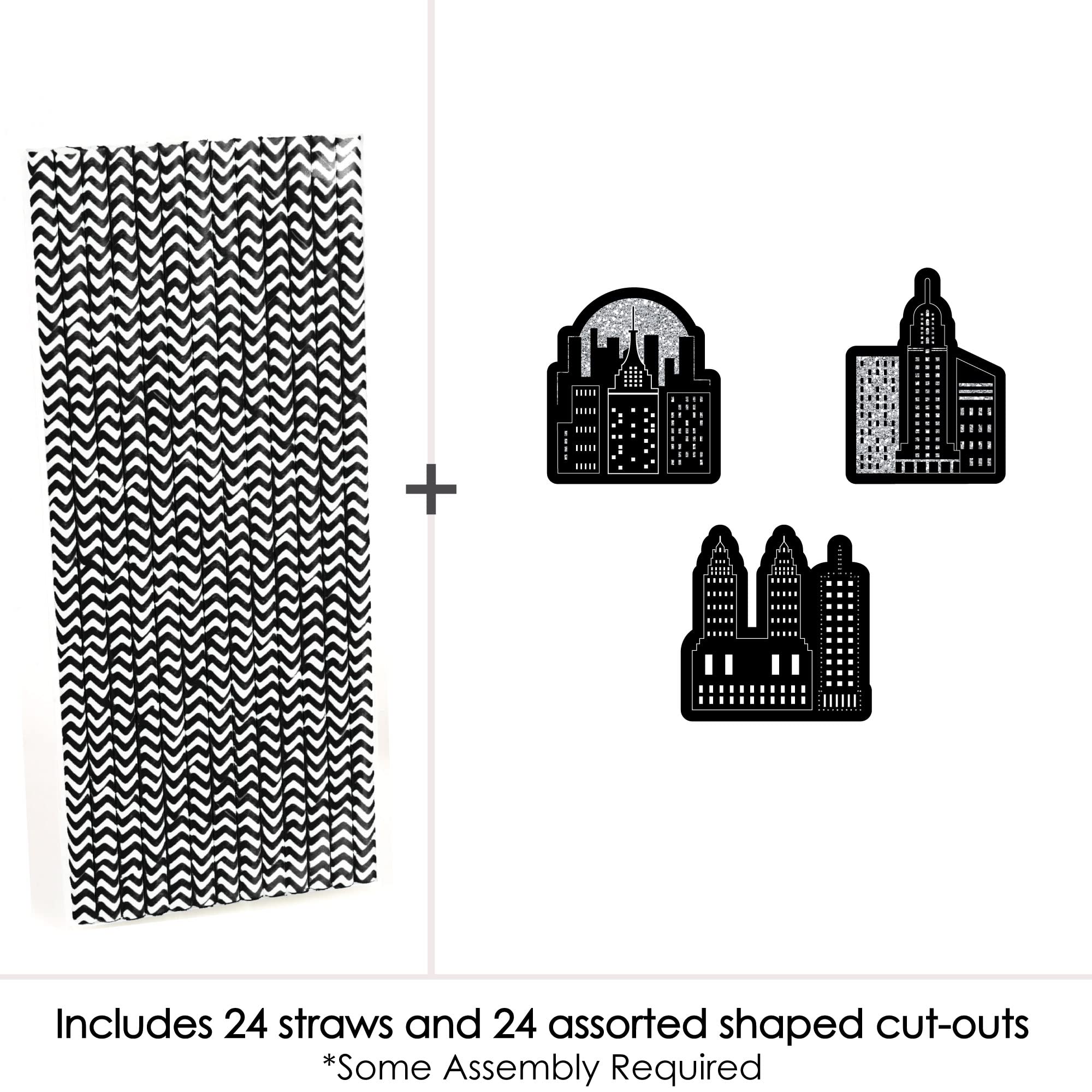 Big Dot of Happiness Nighttime City Skyline - Paper Straw Decor - New York Party Striped Decorative Straws - Set of 24