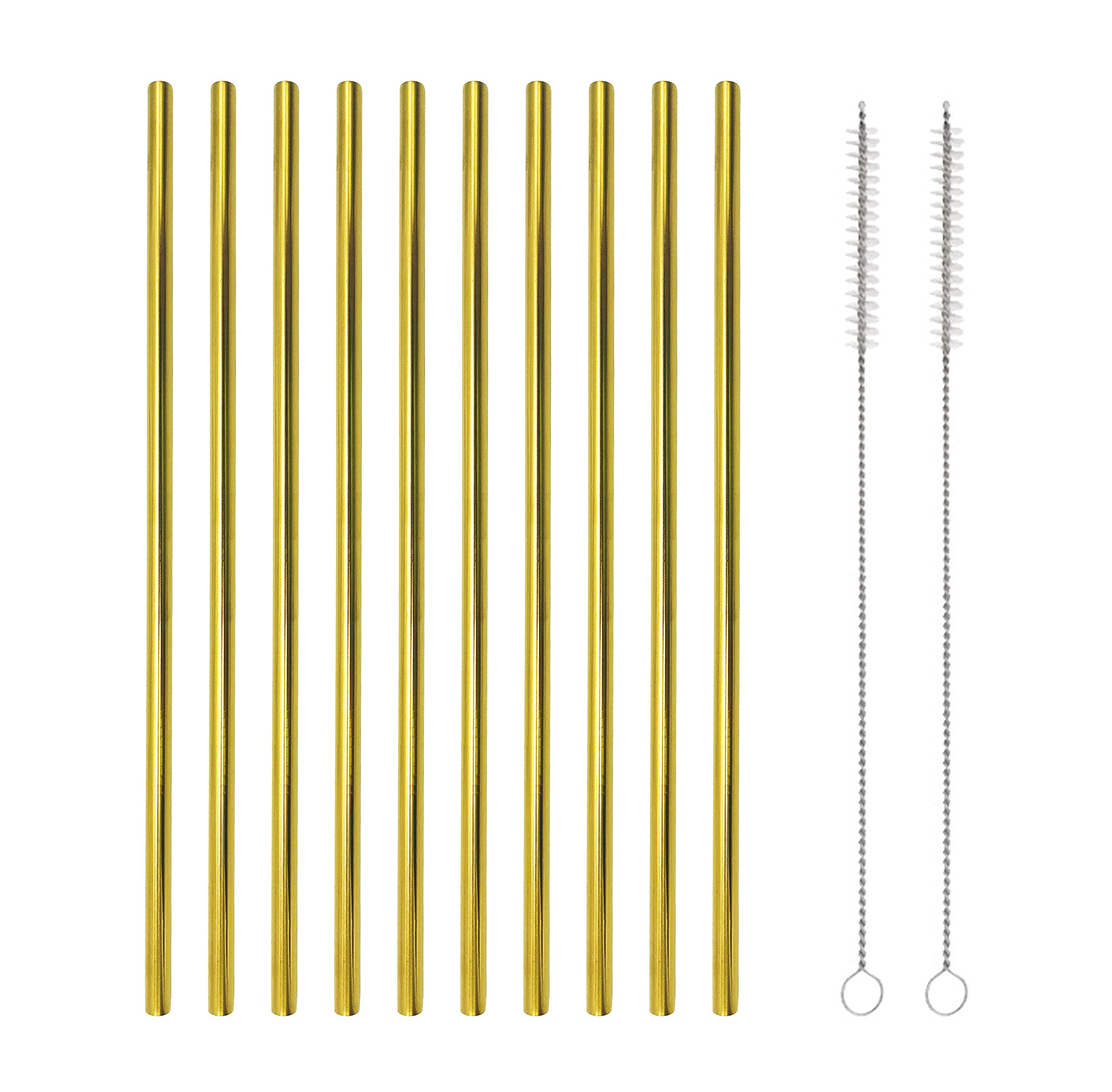 10 Pcs Stainless Steel Straws, Reusable Drinking Straws, Straight Metal Straw Sets with 2 Pcs Cleaning Brushes (8.5 Inch, Gold)