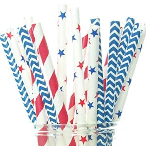 Patriotic USA Stars & Stripes Red, White & Blue Straws (Pack of 50) - 4th of July Party Supplies, Military Homecoming/Farewell Party Decorations