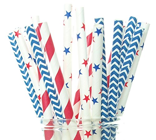 Patriotic USA Stars & Stripes Red, White & Blue Straws (Pack of 50) - 4th of July Party Supplies, Military Homecoming/Farewell Party Decorations