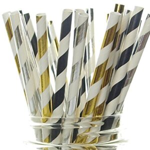 New Year's Party Straws (25 Pack) - Black, Gold and Silver Party Straws, Graduation Party Supplies, Formal Party Supplies, Party Decor