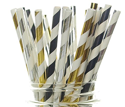 New Year's Party Straws (25 Pack) - Black, Gold and Silver Party Straws, Graduation Party Supplies, Formal Party Supplies, Party Decor