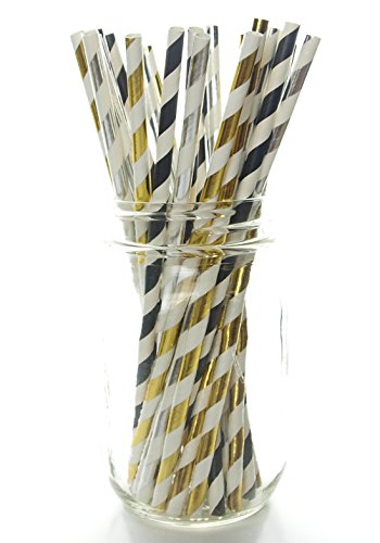 New Year's Party Straws (25 Pack) - Black, Gold and Silver Party Straws, Graduation Party Supplies, Formal Party Supplies, Party Decor