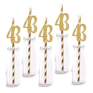 43rd birthday paper straw decor, 24-pack real gold glitter cut-out numbers happy 43 years party decorative straws