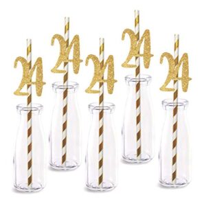 24th birthday paper straw decor, 24-pack real gold glitter cut-out numbers happy 24 years party decorative straws