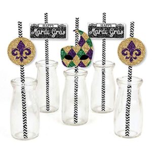 mardi gras paper straw decor - masquerade party striped decorative straws - set of 24