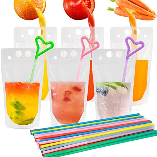 100 Pcs Drink Pouches with Straws, Freezable Drink Bags Juice Pouches, Reclosable Zipper Plastic Clear Reusable Drink Container Sets with Straw for Adults Cold & Hot Drinks