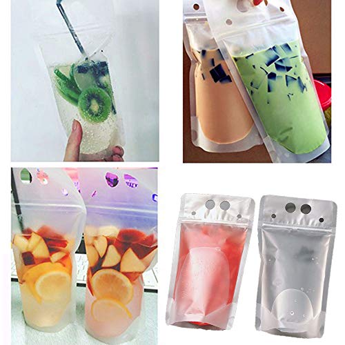 100 Pcs Drink Pouches with Straws, Freezable Drink Bags Juice Pouches, Reclosable Zipper Plastic Clear Reusable Drink Container Sets with Straw for Adults Cold & Hot Drinks