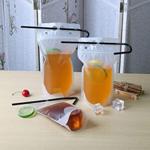 100 Pcs Drink Pouches with Straws, Freezable Drink Bags Juice Pouches, Reclosable Zipper Plastic Clear Reusable Drink Container Sets with Straw for Adults Cold & Hot Drinks