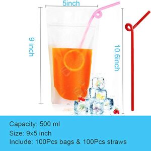 100 Pcs Drink Pouches with Straws, Freezable Drink Bags Juice Pouches, Reclosable Zipper Plastic Clear Reusable Drink Container Sets with Straw for Adults Cold & Hot Drinks