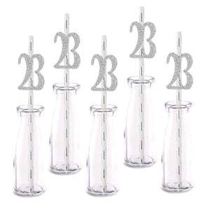 silver happy 23rd birthday straw decor, silver glitter 24pcs cut-out number 23 party drinking decorative straws, supplies