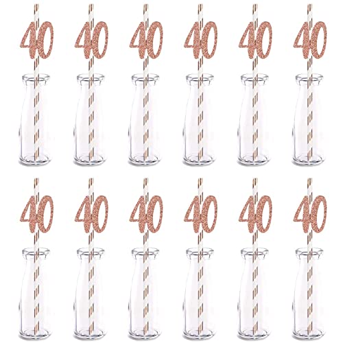 Happy 40th Birthday Straw Decor, Rose Gold Paper Straws, 40th Anniversary Decorations, 24pcs Cut-Out Number 40 Party Drinking Decorative Straws