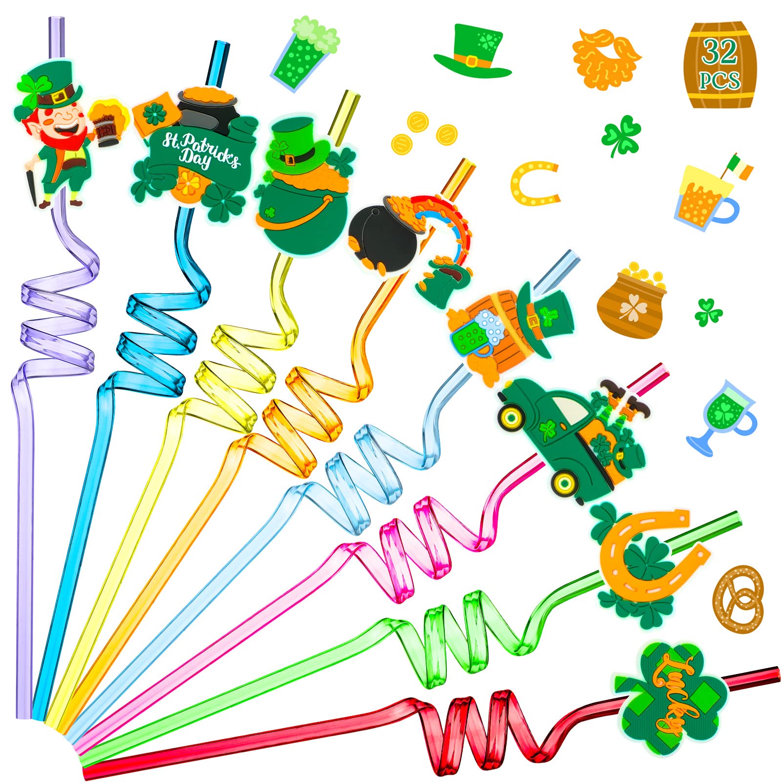 32 Pieces St Patrick's Day Party Straws Shamrock Drinking Crazy Straws Lucky Irish Party Plastic Reusable Drinking Straws for St. Patrick's Day Theme Party Supplies Goodie Bags, 8 Styles