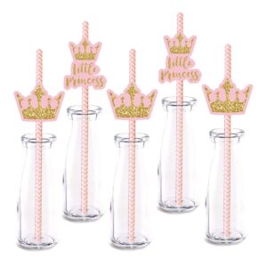 little princess party straw decor, 24-pack pink gold girl baby shower kids birthday party decorations, paper decorative straws