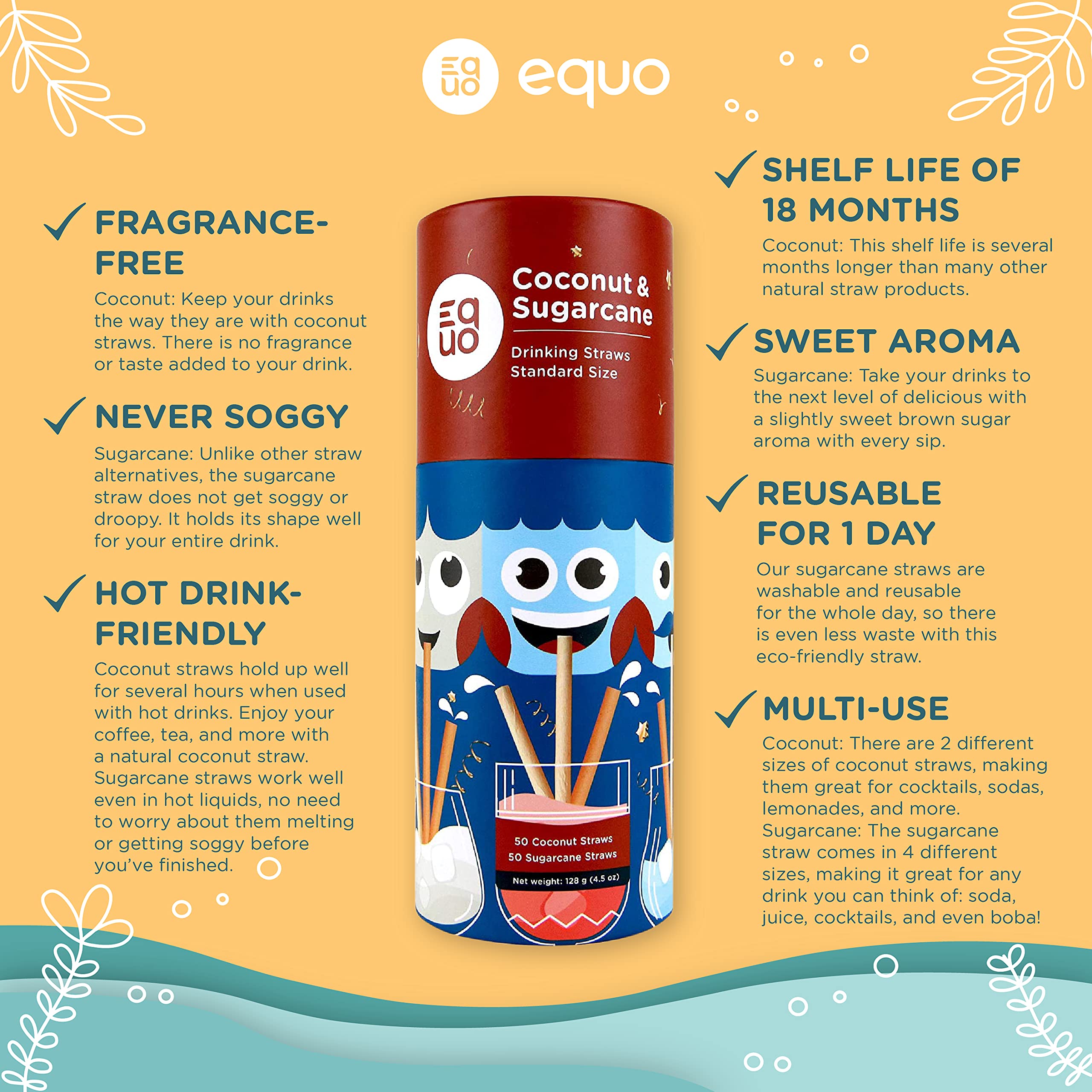 EQUO Limited Edition Coconut and Sugarcane Drinking Straws, Biodegradable and Plastic-Free, Combo Pack of 100, Standard