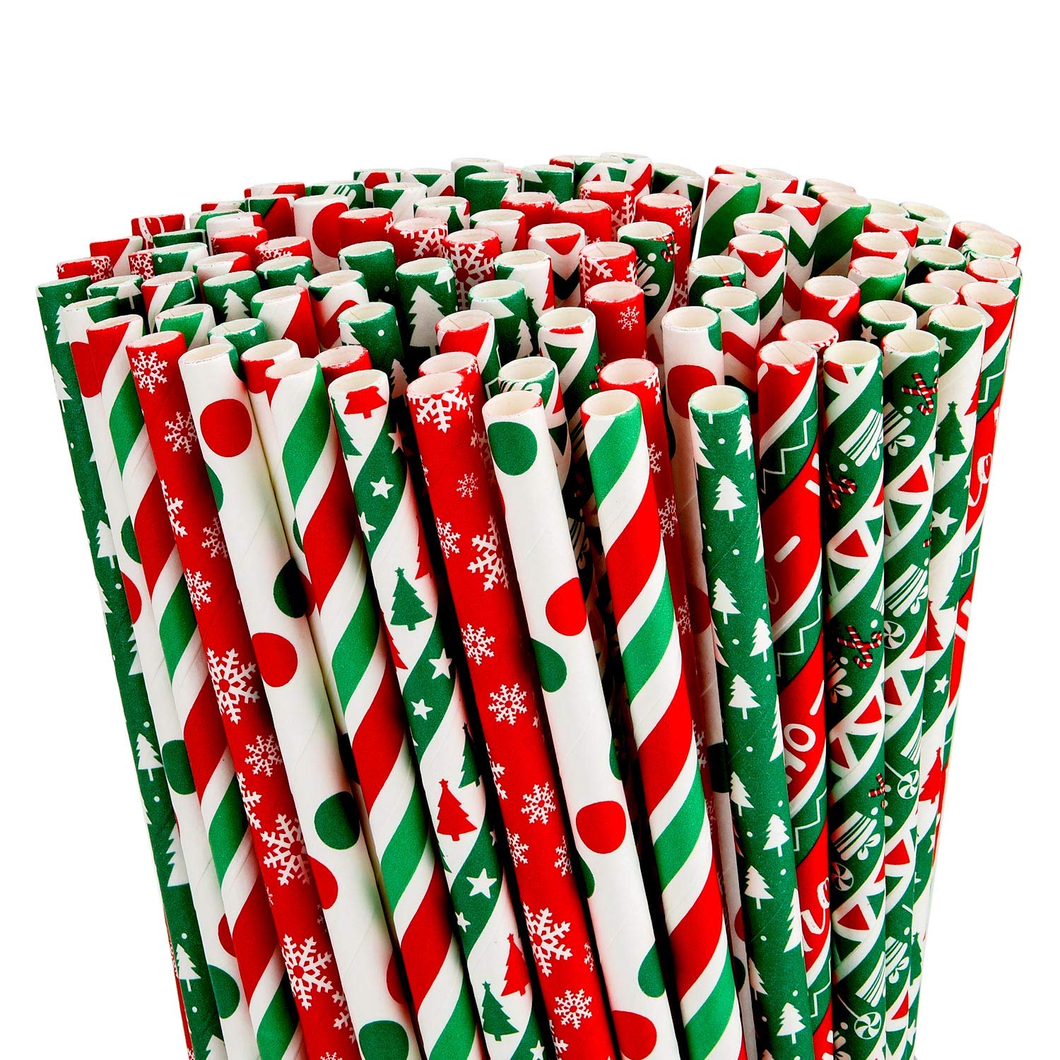 200 Pieces Christmas Paper Straws Striped Dot Drinking Straws Decorative Straws with Christmas Tree Star Snowflake Gift Crutches Pattern for Christmas Party Supplies, 8 Styles