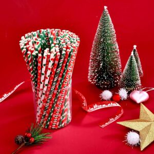 200 Pieces Christmas Paper Straws Striped Dot Drinking Straws Decorative Straws with Christmas Tree Star Snowflake Gift Crutches Pattern for Christmas Party Supplies, 8 Styles