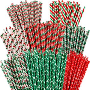 200 Pieces Christmas Paper Straws Striped Dot Drinking Straws Decorative Straws with Christmas Tree Star Snowflake Gift Crutches Pattern for Christmas Party Supplies, 8 Styles