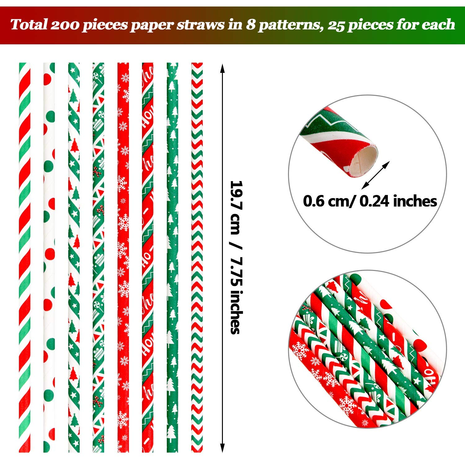 200 Pieces Christmas Paper Straws Striped Dot Drinking Straws Decorative Straws with Christmas Tree Star Snowflake Gift Crutches Pattern for Christmas Party Supplies, 8 Styles