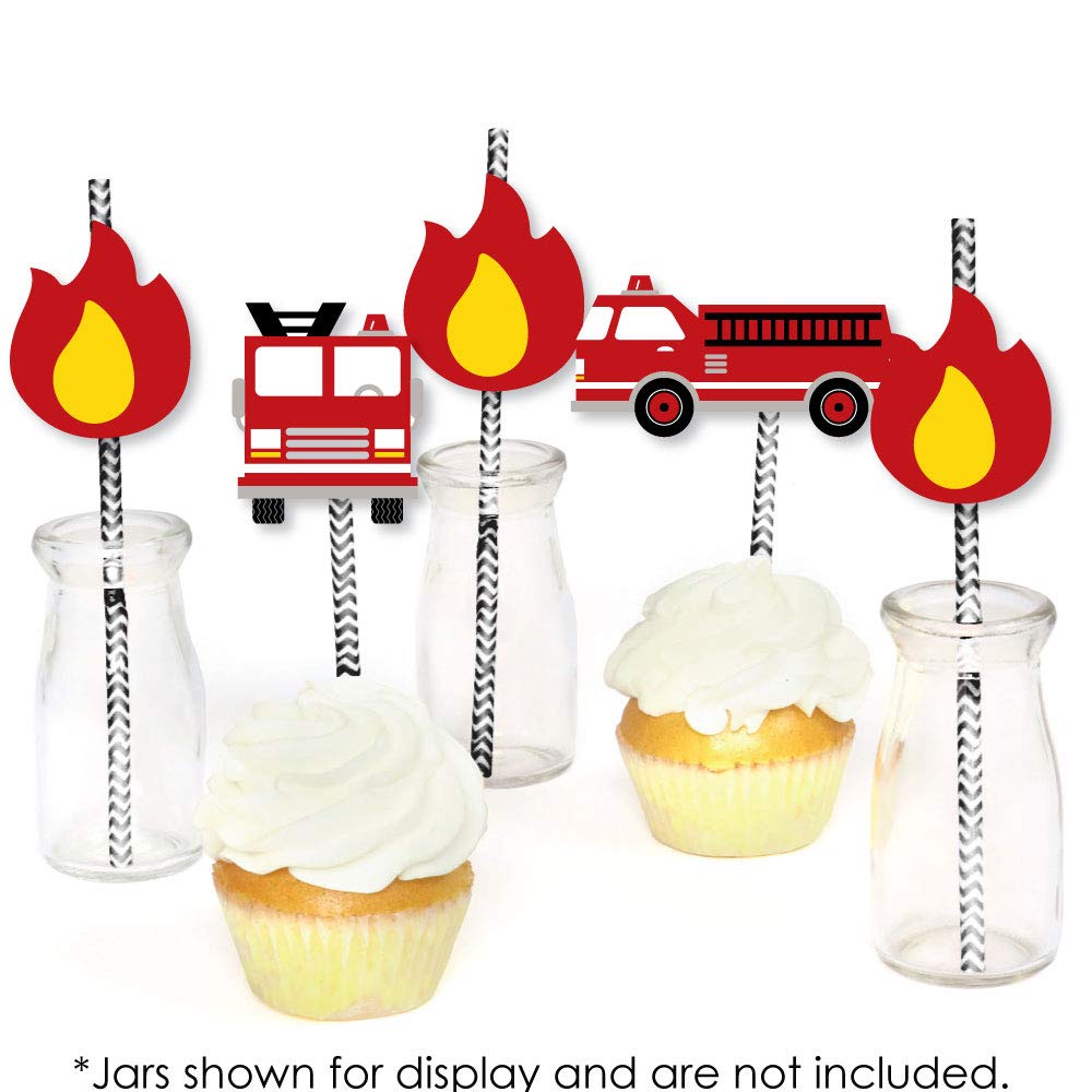 Fired Up Fire Truck - Paper Straw Decor - Firefighter Firetruck Baby Shower or Birthday Party Striped Decorative Straws - Set of 24