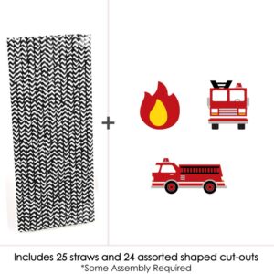 Fired Up Fire Truck - Paper Straw Decor - Firefighter Firetruck Baby Shower or Birthday Party Striped Decorative Straws - Set of 24