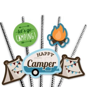 Happy Camper - Paper Straw Decor - Camping Baby Shower or Birthday Party Striped Decorative Straws - Set of 24