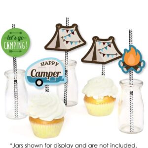 Happy Camper - Paper Straw Decor - Camping Baby Shower or Birthday Party Striped Decorative Straws - Set of 24