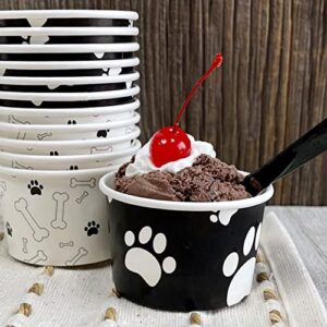 Dog Birthday Party Treat Kit - 4 Ounce Black and White Paw Print and Dog Bone Mini Paper Treat Cups - Black and Red Plastic Spoons - Bone Print Paper Straws - Pack for 12