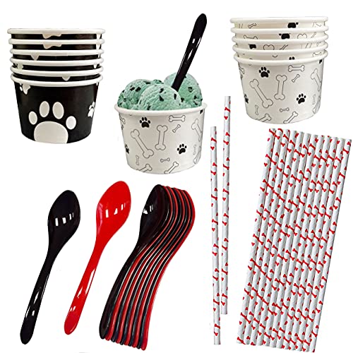 Dog Birthday Party Treat Kit - 4 Ounce Black and White Paw Print and Dog Bone Mini Paper Treat Cups - Black and Red Plastic Spoons - Bone Print Paper Straws - Pack for 12