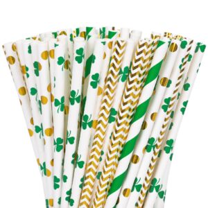 whaline 100pcs st patrick's day paper straws 7.7" shamrock wave stripe dot disposable paper straws irish theme paper straws green gold foil straws for juices baby shower birthday st patrick's day