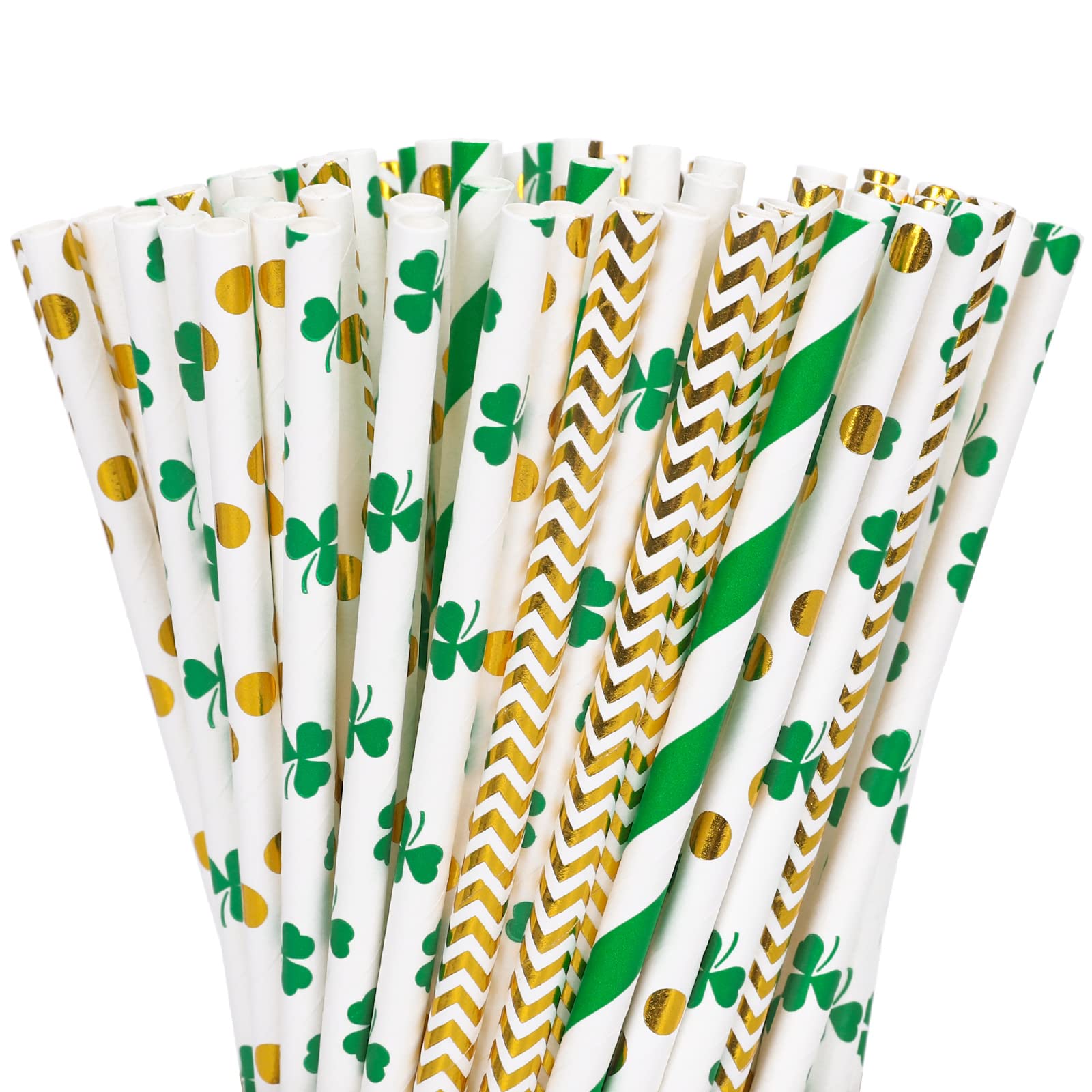 Whaline 100Pcs St Patrick's Day Paper Straws 7.7" Shamrock Wave Stripe Dot Disposable Paper Straws Irish Theme Paper Straws Green Gold Foil Straws for Juices Baby Shower Birthday St Patrick's Day