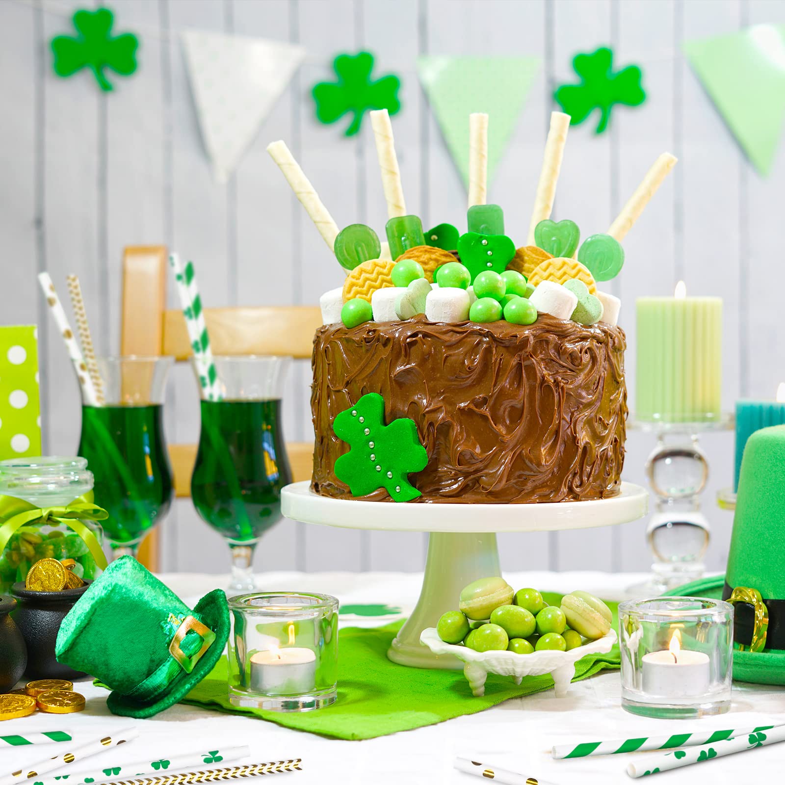 Whaline 100Pcs St Patrick's Day Paper Straws 7.7" Shamrock Wave Stripe Dot Disposable Paper Straws Irish Theme Paper Straws Green Gold Foil Straws for Juices Baby Shower Birthday St Patrick's Day