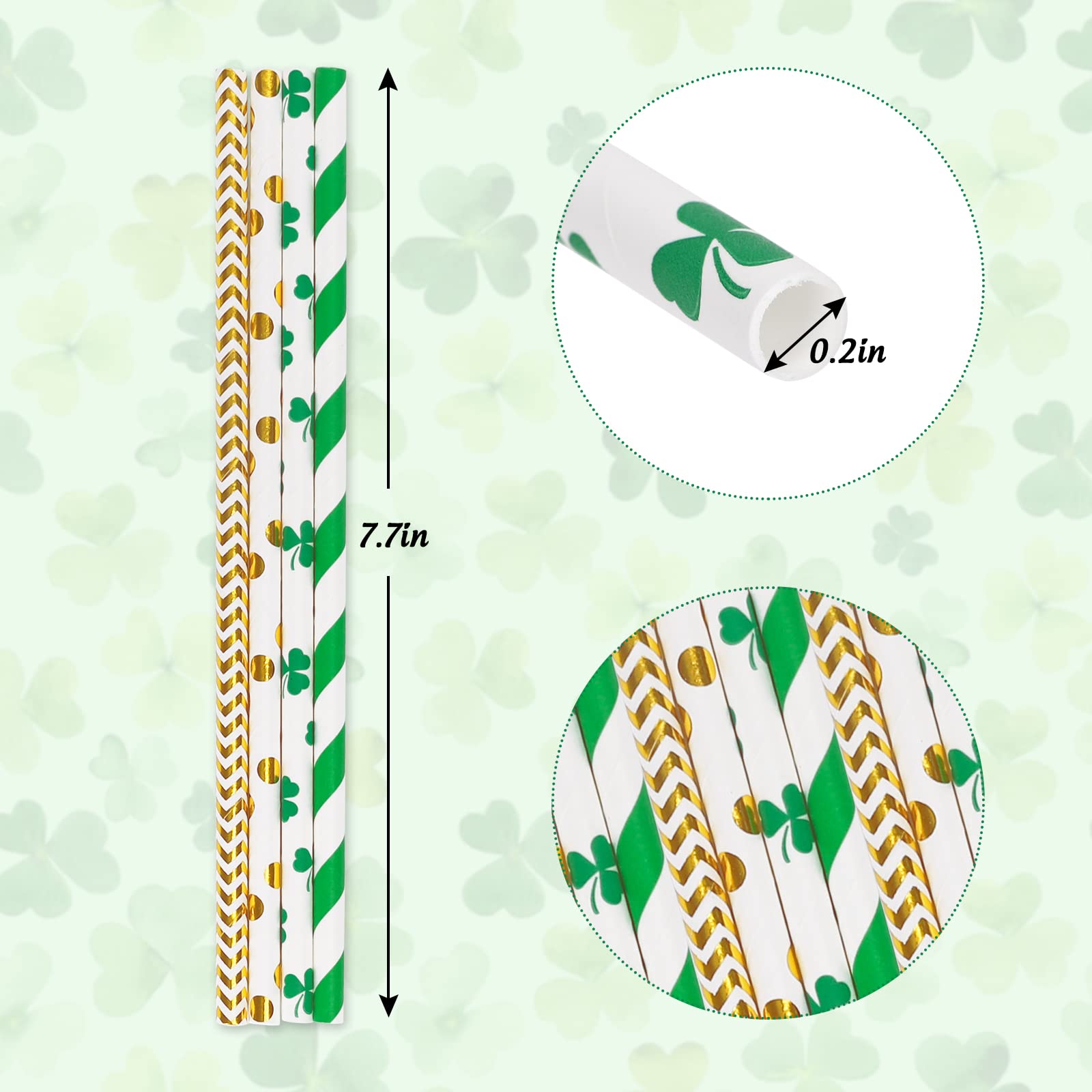 Whaline 100Pcs St Patrick's Day Paper Straws 7.7" Shamrock Wave Stripe Dot Disposable Paper Straws Irish Theme Paper Straws Green Gold Foil Straws for Juices Baby Shower Birthday St Patrick's Day