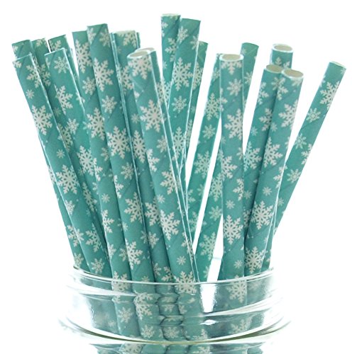 Frozen Snowflake Straws (25 Pack) - Christmas Straws, Teal Green Blue Paper Straws, Winter Snow Flakes Party Supplies